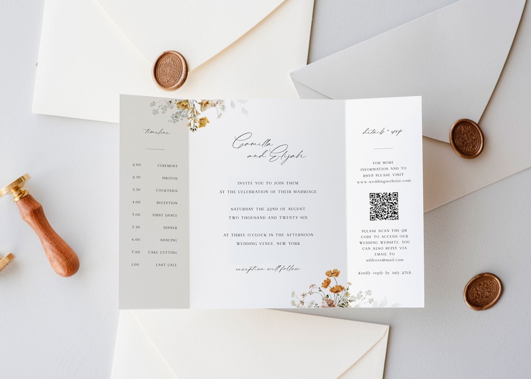 Floral Gatefold Wedding Invitation Template With QR Code - Etsy