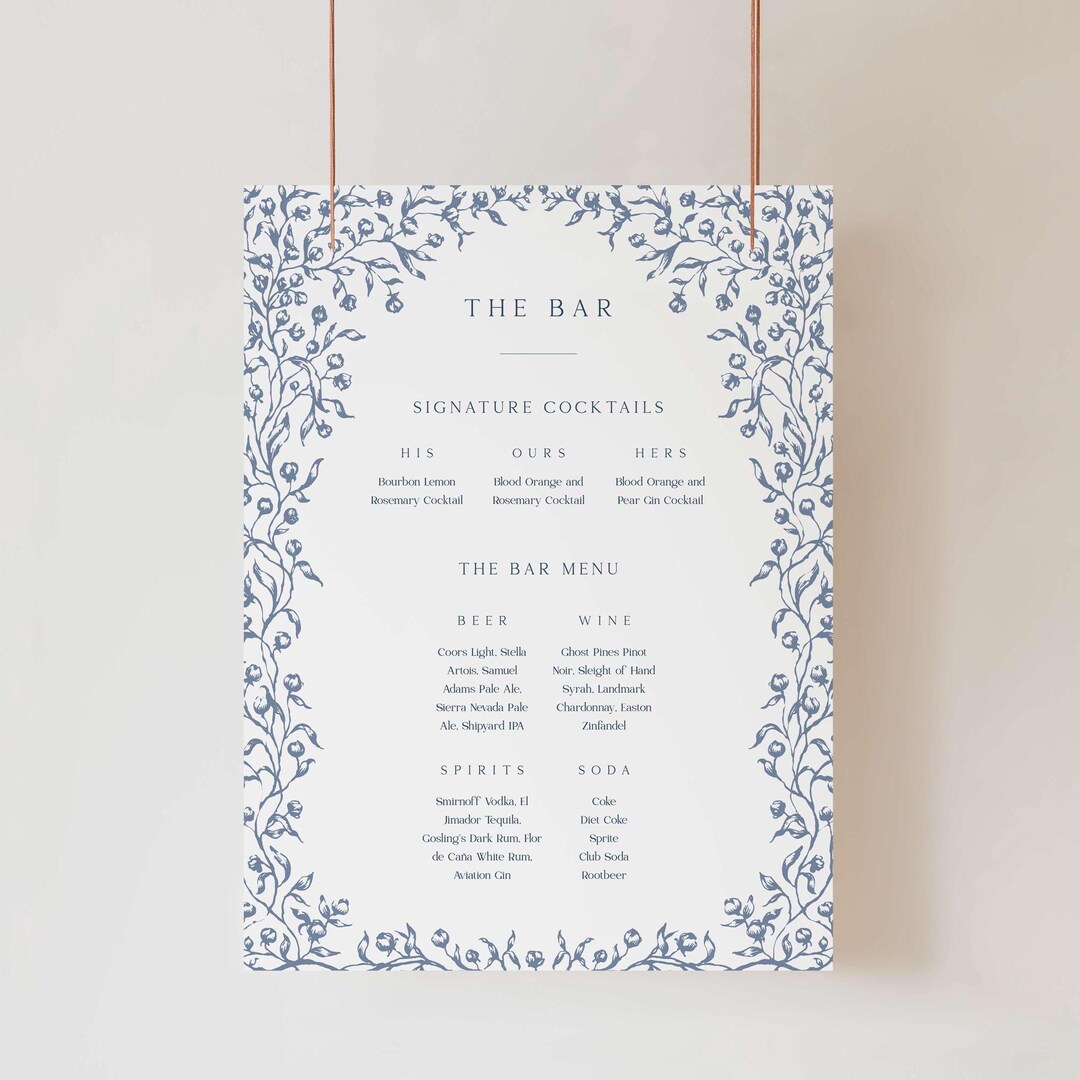 Modern Bar Sign Template With Blue Vintage Florals, Minimalist Elegant ...
