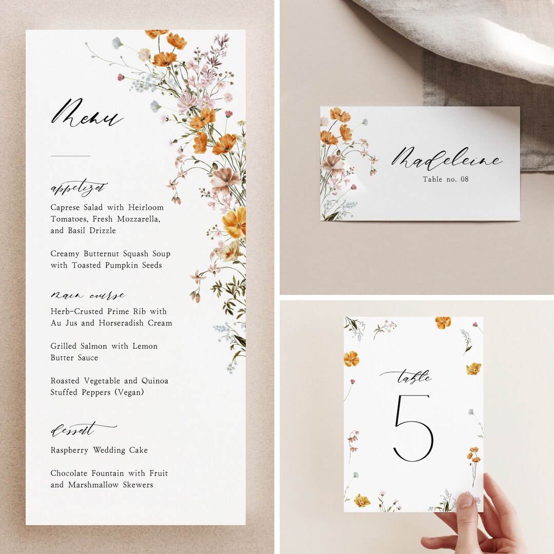 Wedding Table Setting Template Bundle With Watercolor Wildflowers ...