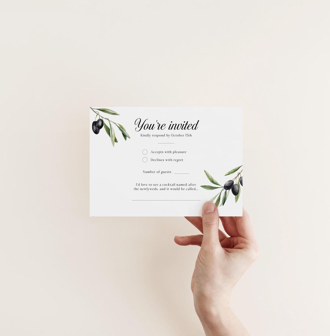 Printable RSVP Card With Calligraphy Font & Olive Branches, Simple ...