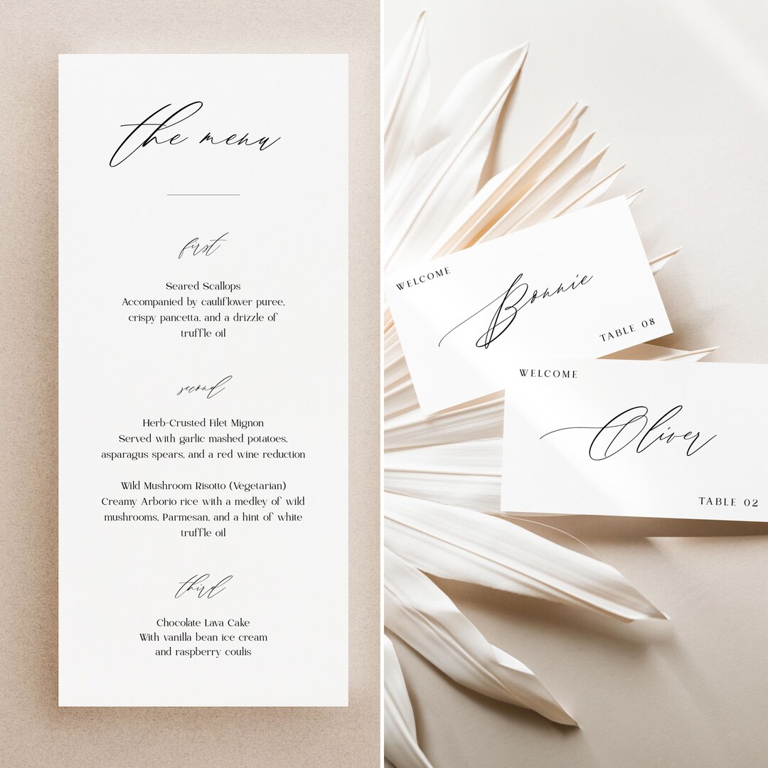 Elegant Wedding Menu and Place Card Template Set With Calligraphy Font ...