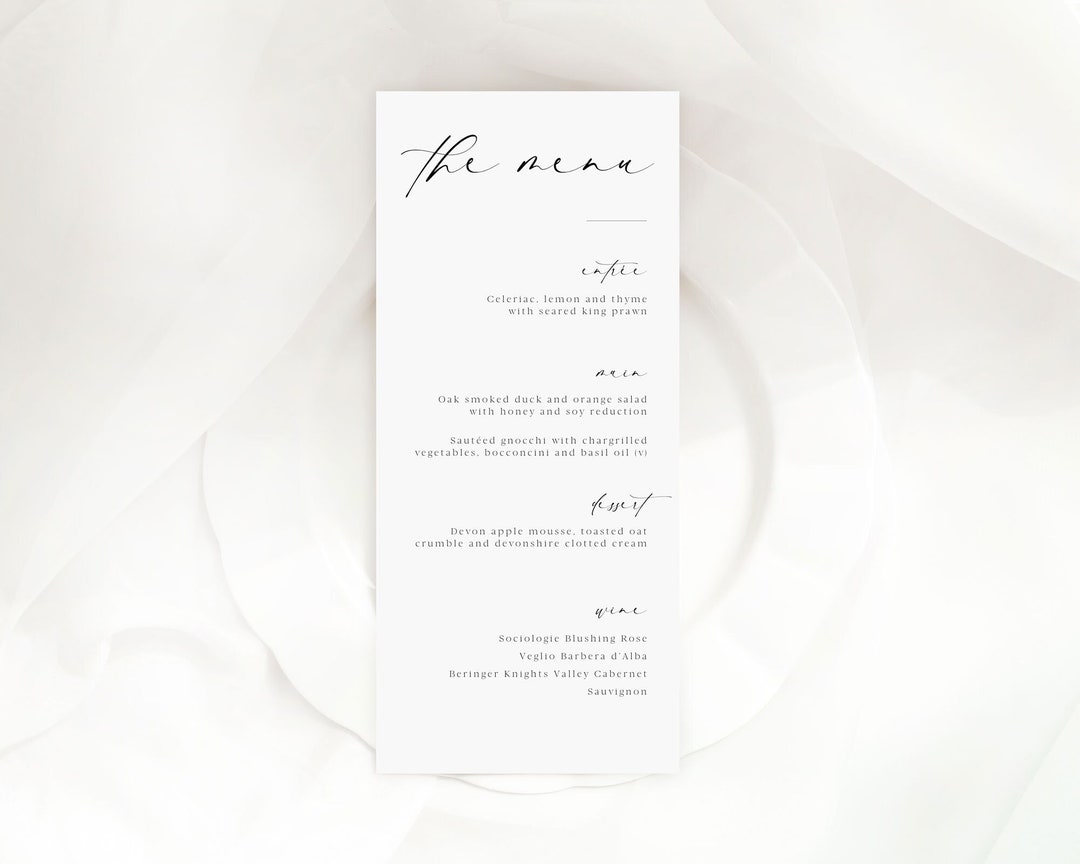 Modern Wedding Menu Template, Calligraphy Wedding Table Menu, Printable ...