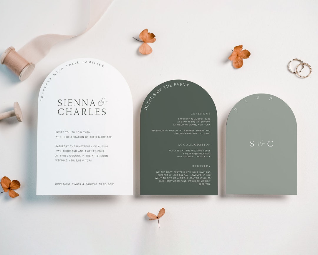 Arched Wedding Invitation Template Suite DIY Boho Sage Green - Etsy