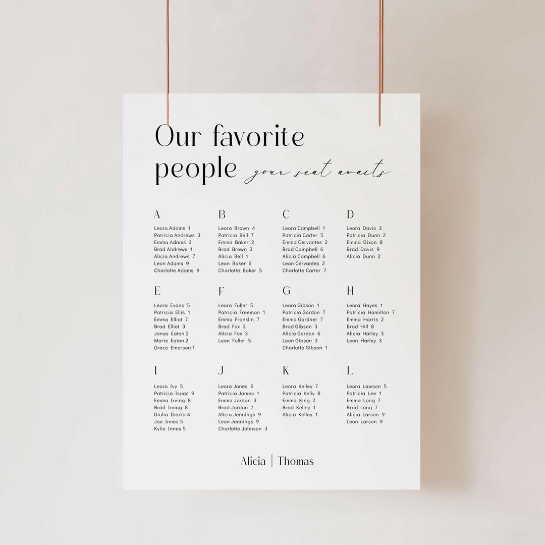 Alphabetical Wedding Seating Chart Sign Template, Minimalist DIY ...