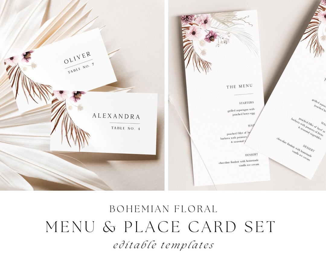 Boho Dinner Menu & Place Card Template Set With Dried Flowers - Etsy