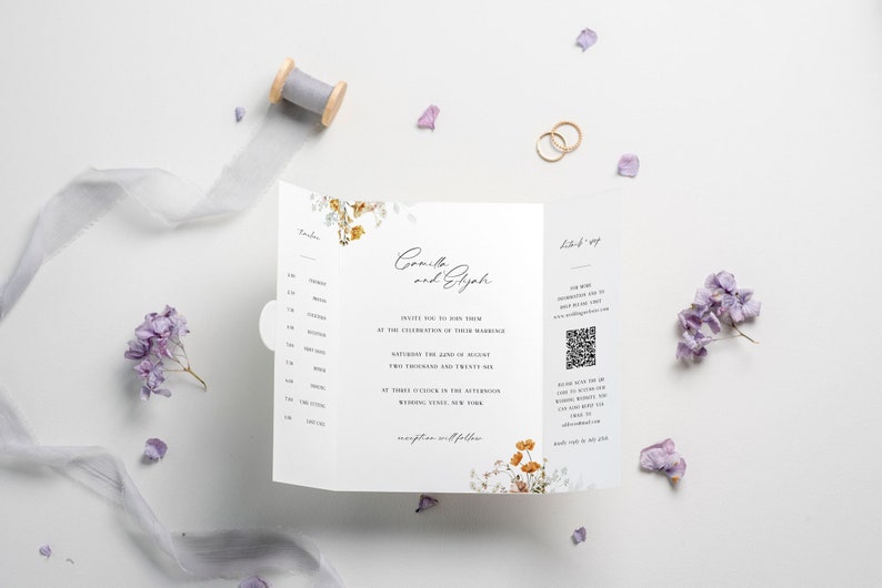 Floral Gatefold Wedding Invitation Template With QR Code - Etsy