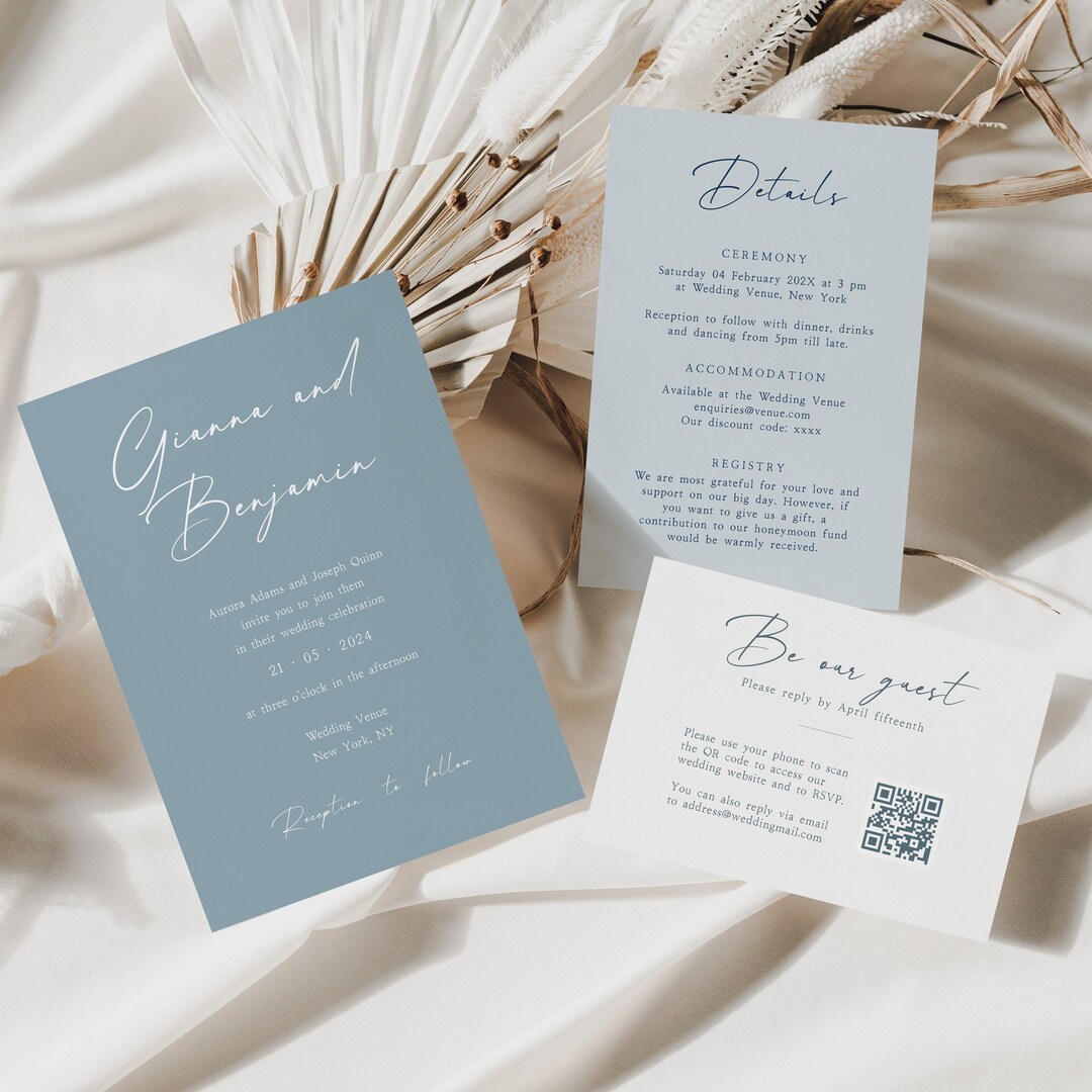 Light Blue Wedding Invitation Template Suite Modern Dusty Blue Wedding ...
