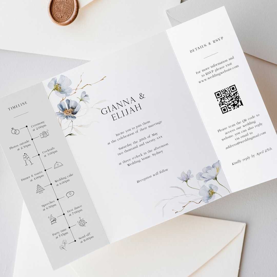 Floral Gatefold Wedding Invitation Template With QR Code, Editable and ...