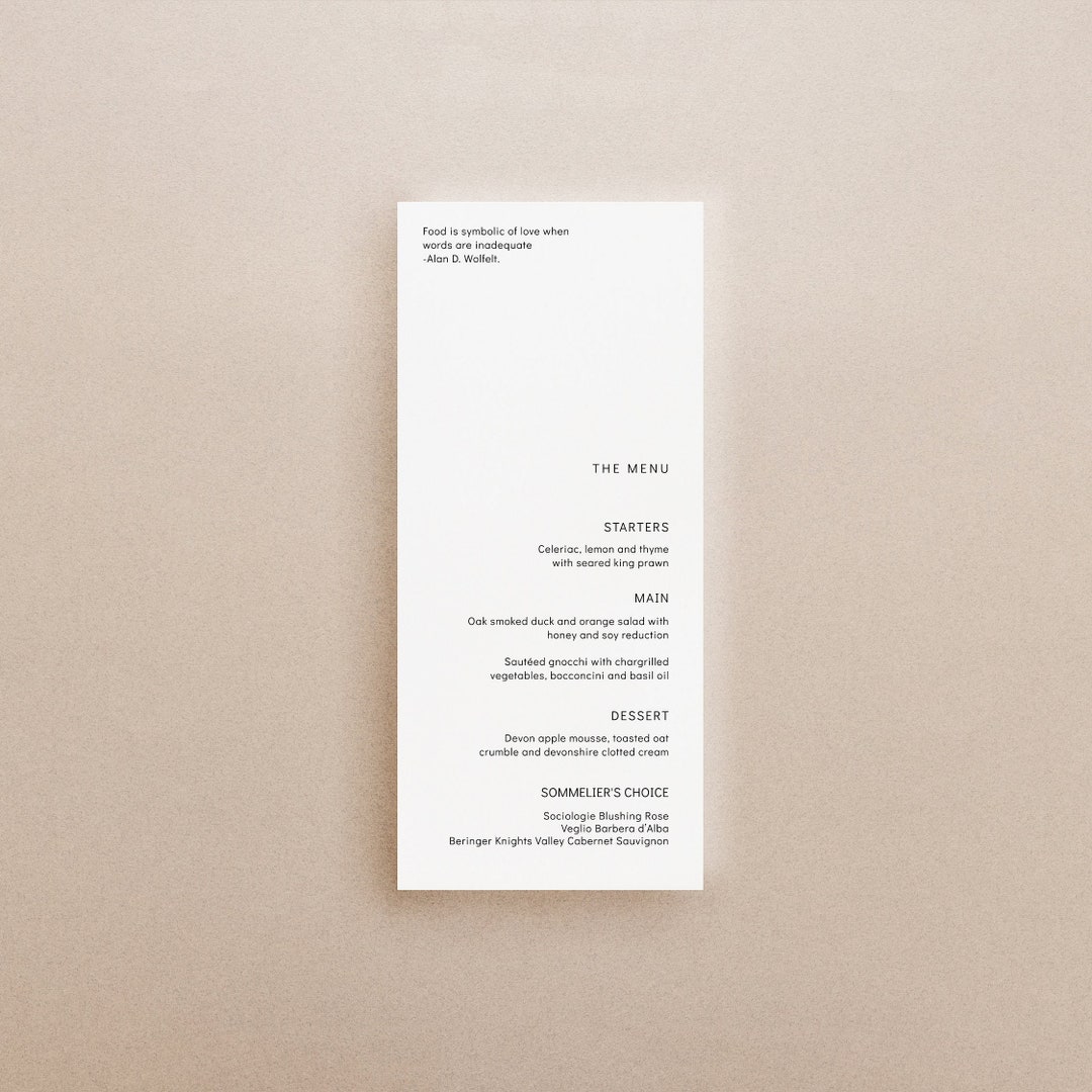 Printable Modern Wedding Menu Template, Minimalist Dinner Menu Template ...