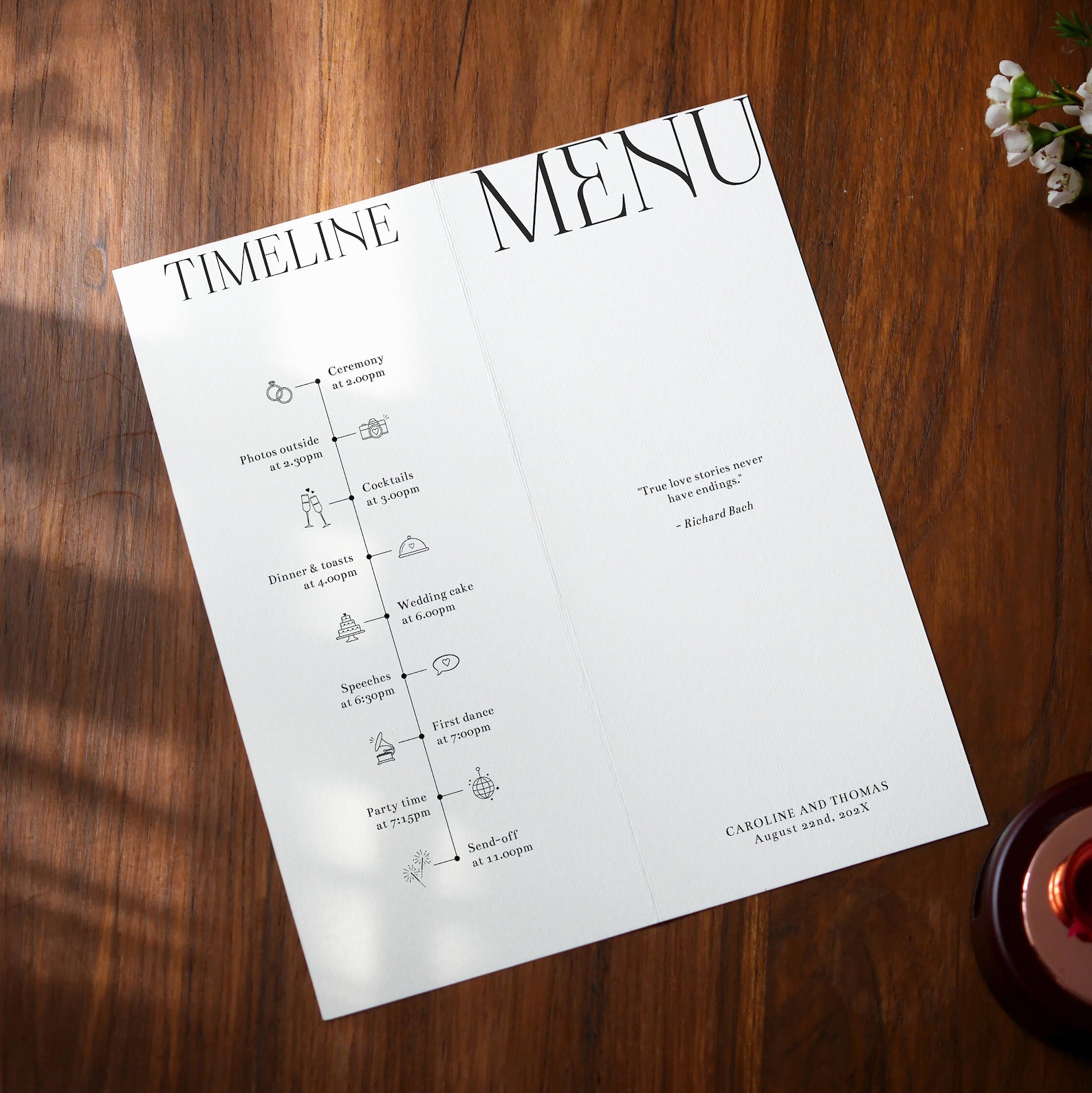 Printable Folded Wedding Menu With Bar Menu and Timeline With Icons ...