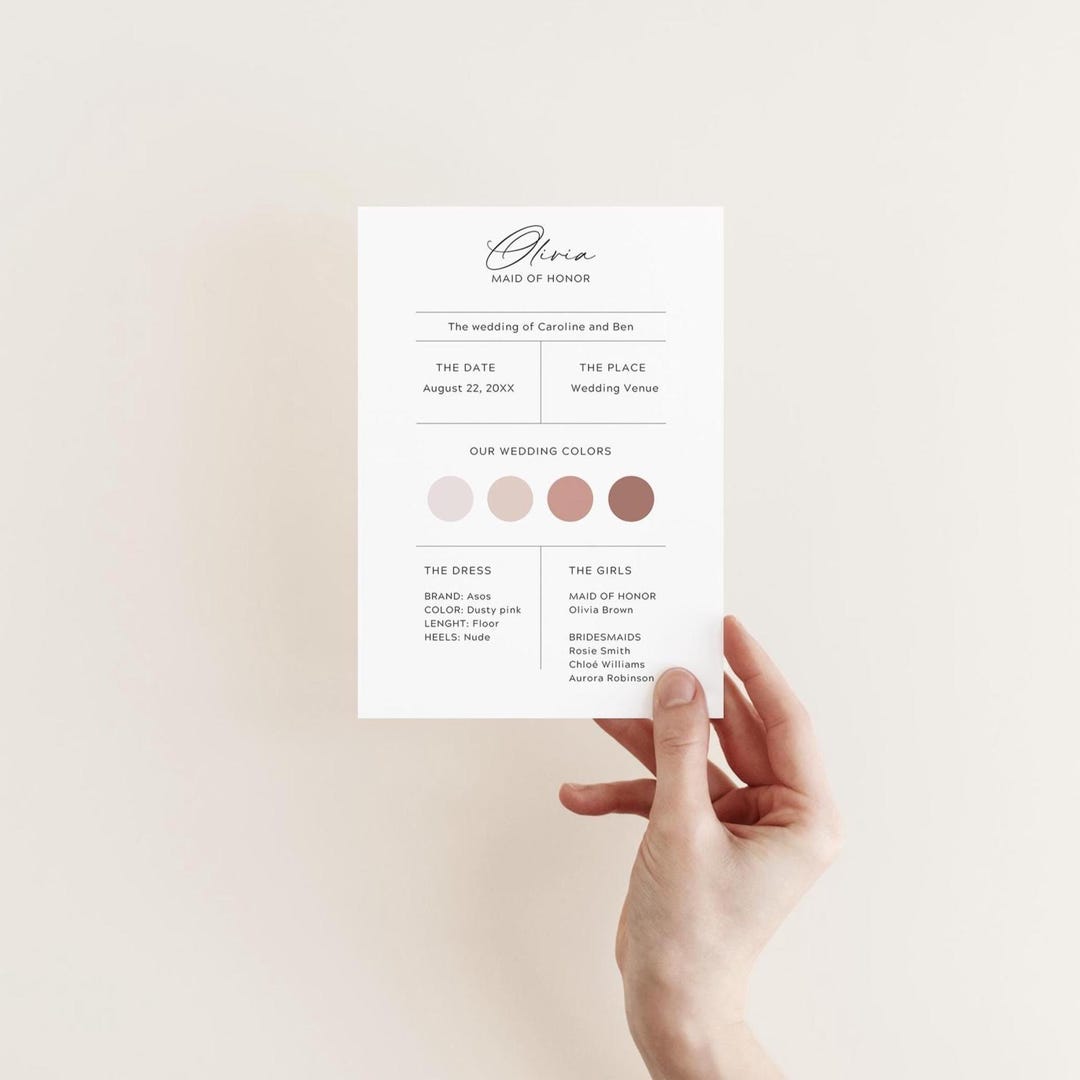 Bridal Party Info Card Template for Bridesmaids and Groomsmen ...