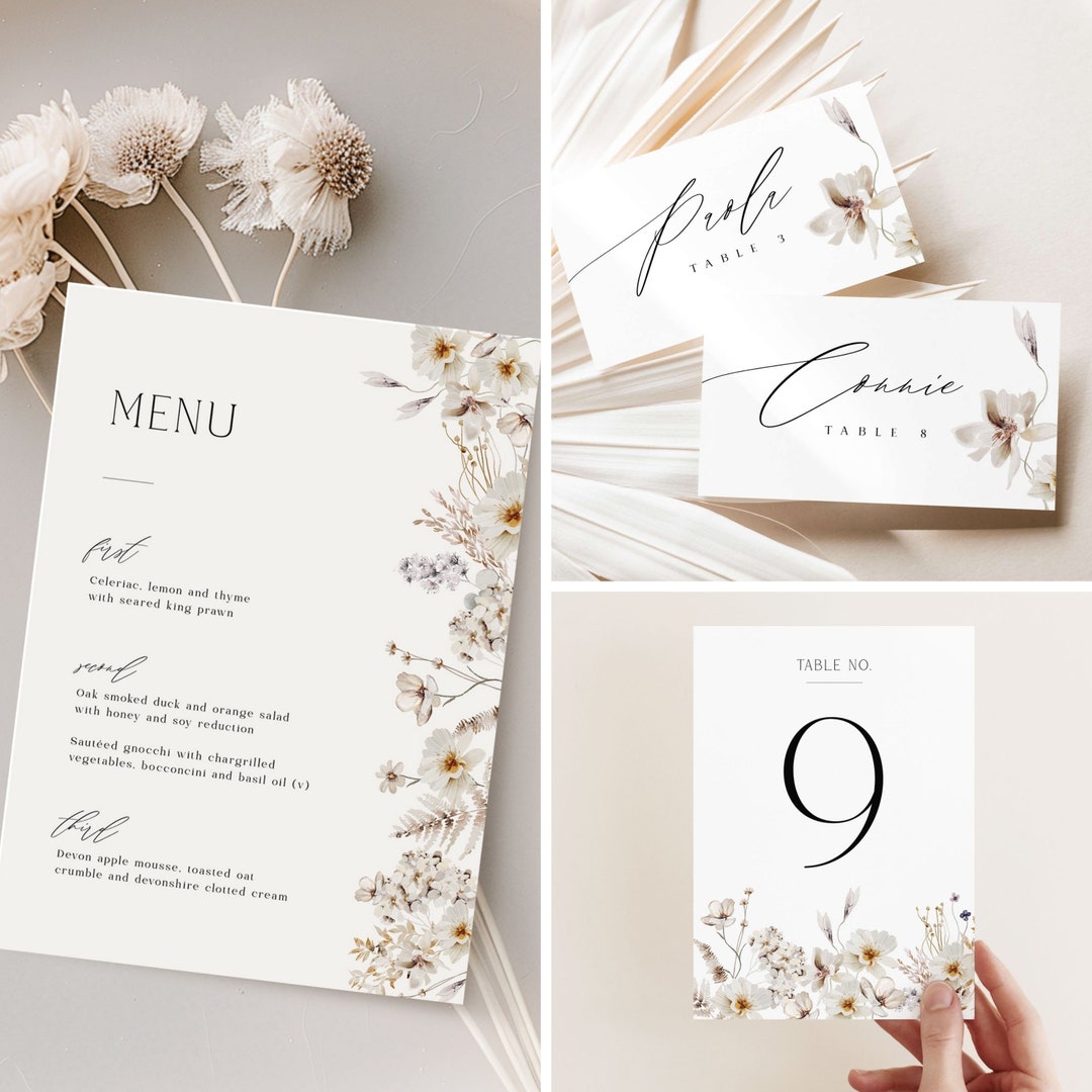 Printable Floral Wedding Menu Bundle, Modern Wedding Table Setting Set ...