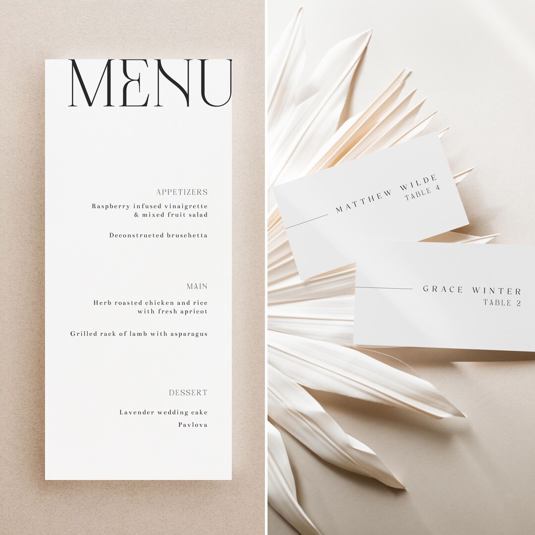Minimalist Wedding Menu and Place Card Set, Modern Dinner Menu Template ...