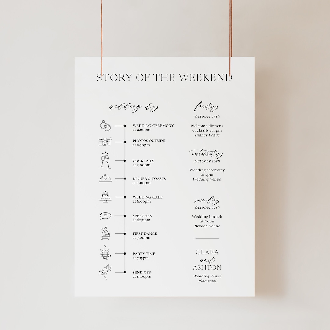 Modern Wedding Timeline Template With Icons, Printable DIY Order of ...