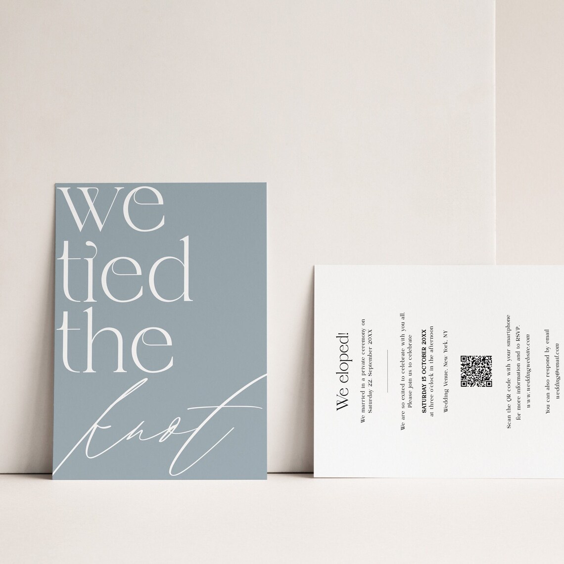 Dusty Blue Elopement Announcement Template With QR Code Minimalist ...