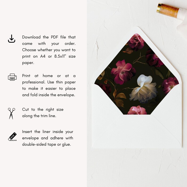 Printable Envelope Liner Template With Dark Roses, Printable Floral ...