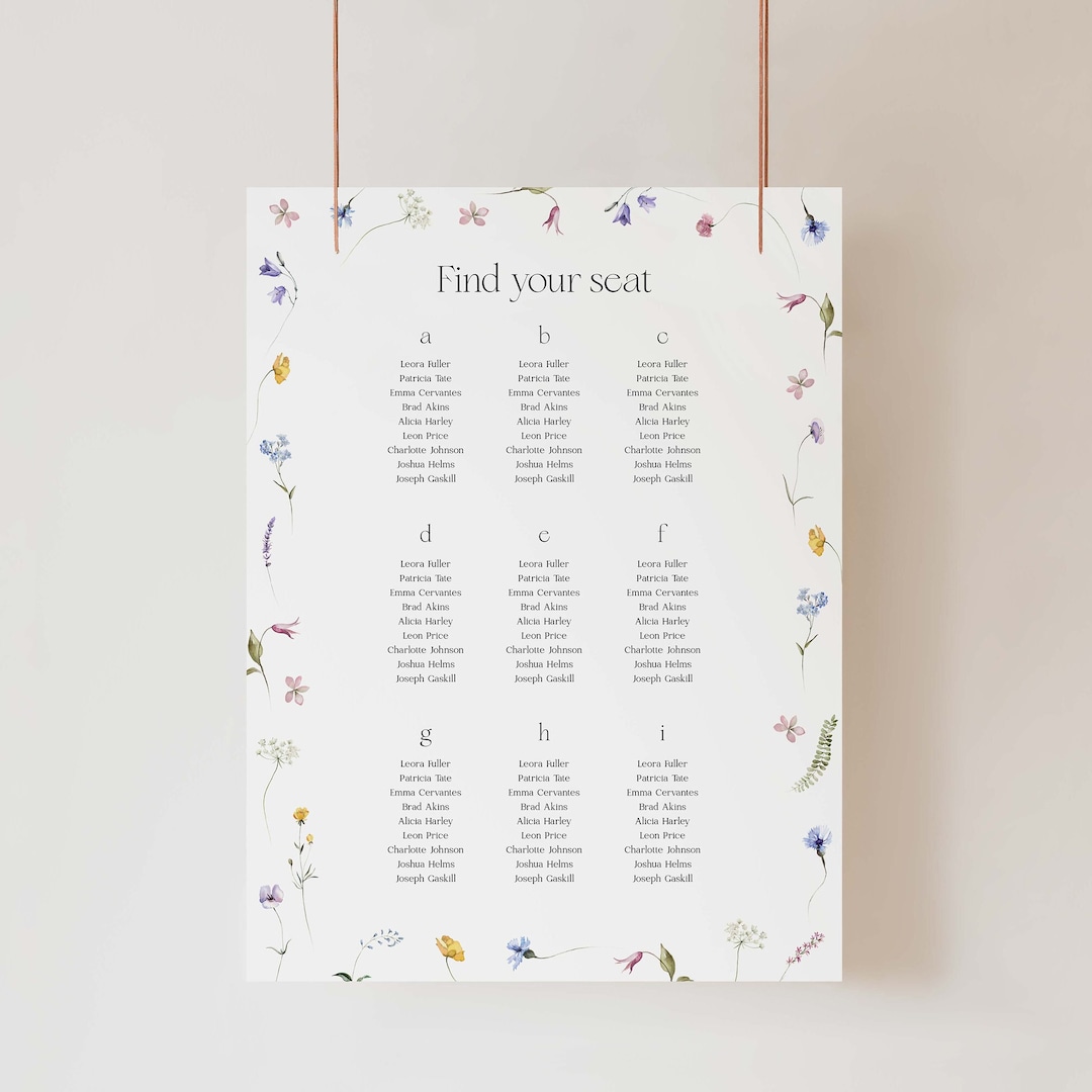 Printable Floral Seating Chart Sign Template, Wedding Reception Seating ...