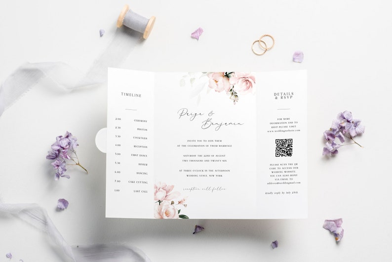 Floral Gatefold Wedding Invitation Template With QR Code - Etsy
