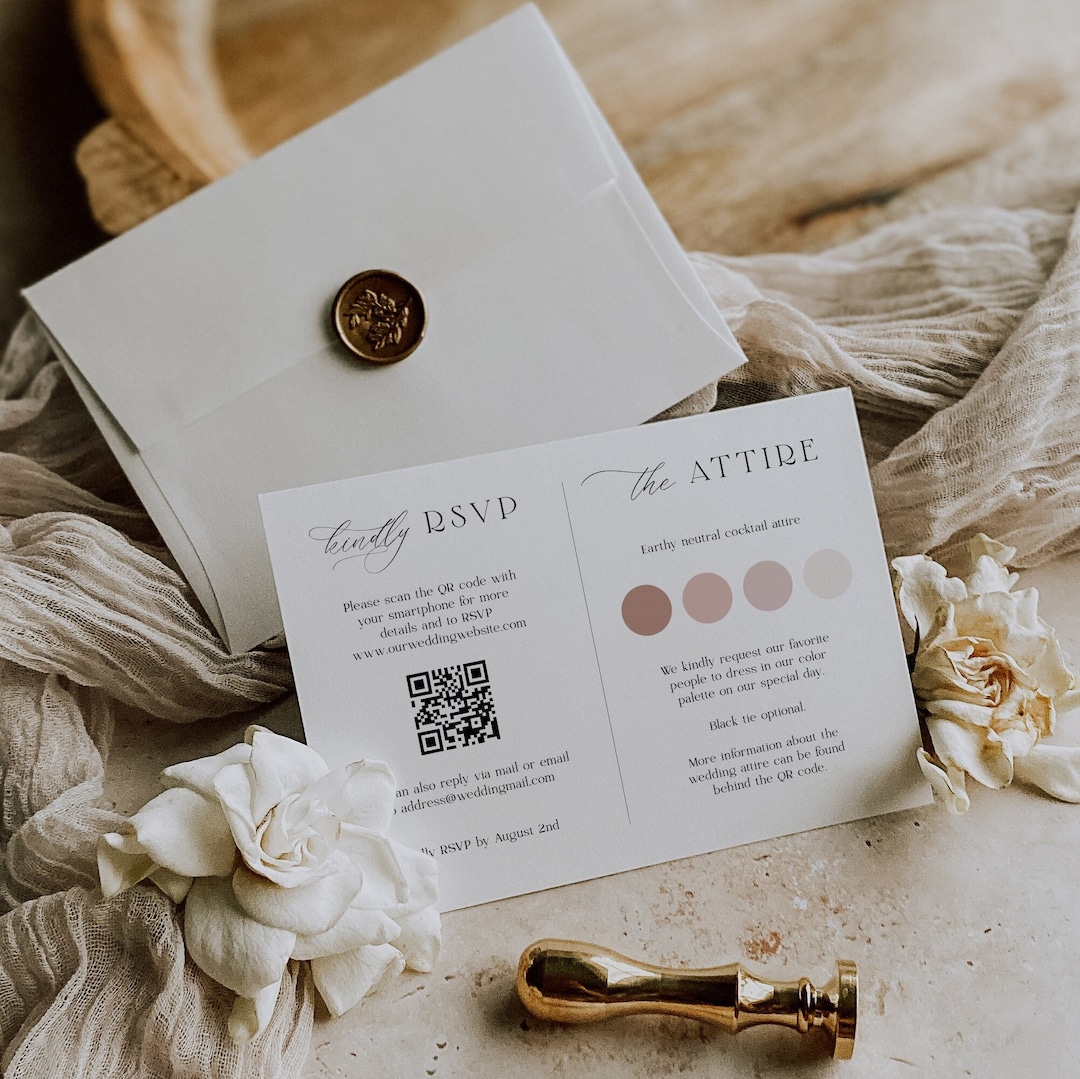 Printable RSVP + Wedding Attire Card Template With QR Code, Guest Dress ...