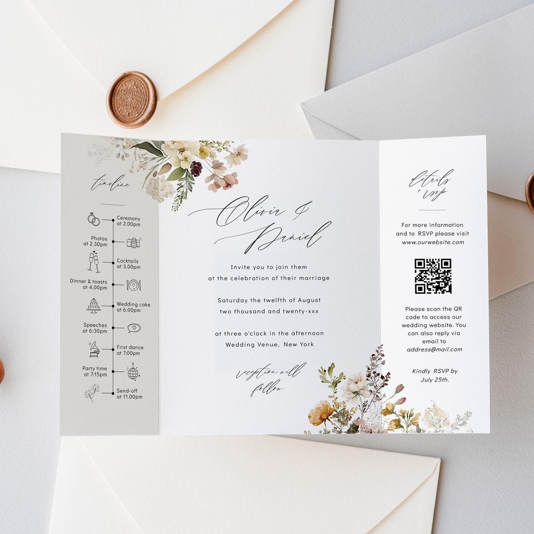 Printable Vintage Gatefold Wedding Invitation Template With QR Code and ...