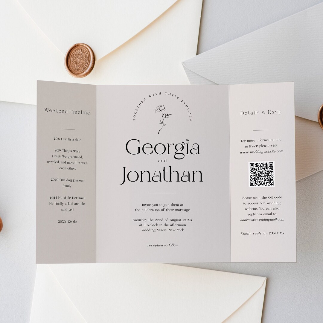 Gatefold Wedding Invitation Template in Taupe, Modern Trifold Invite ...