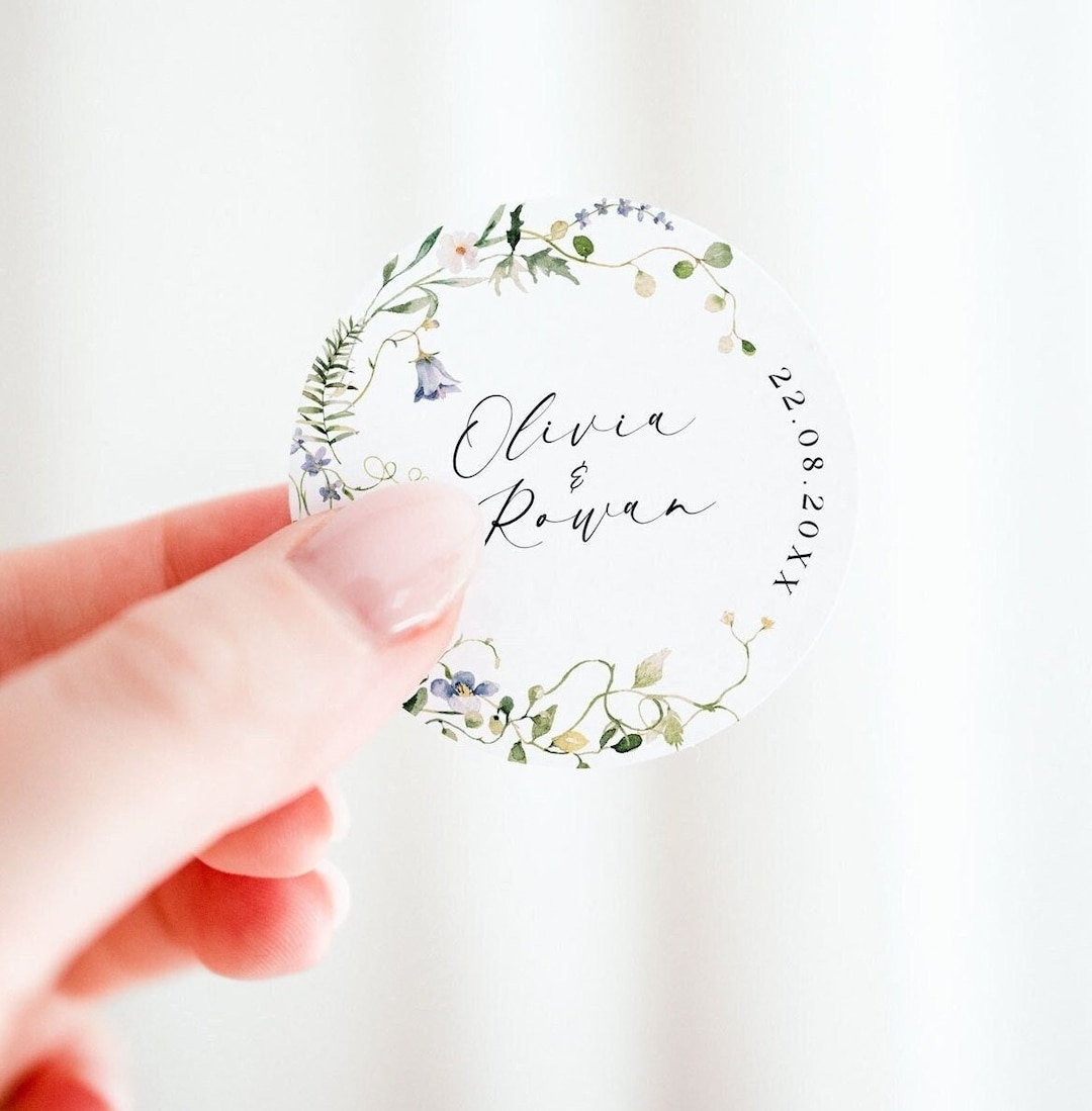 Floral Wedding Stickers Template, Round Editable Wedding Favor Label ...