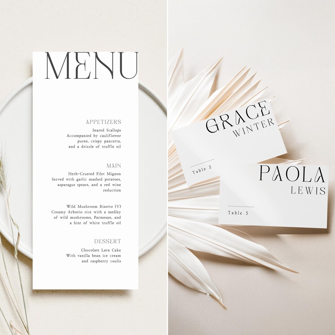 Minimalist Wedding Menu and Place Card Set, Modern Dinner Menu Template ...