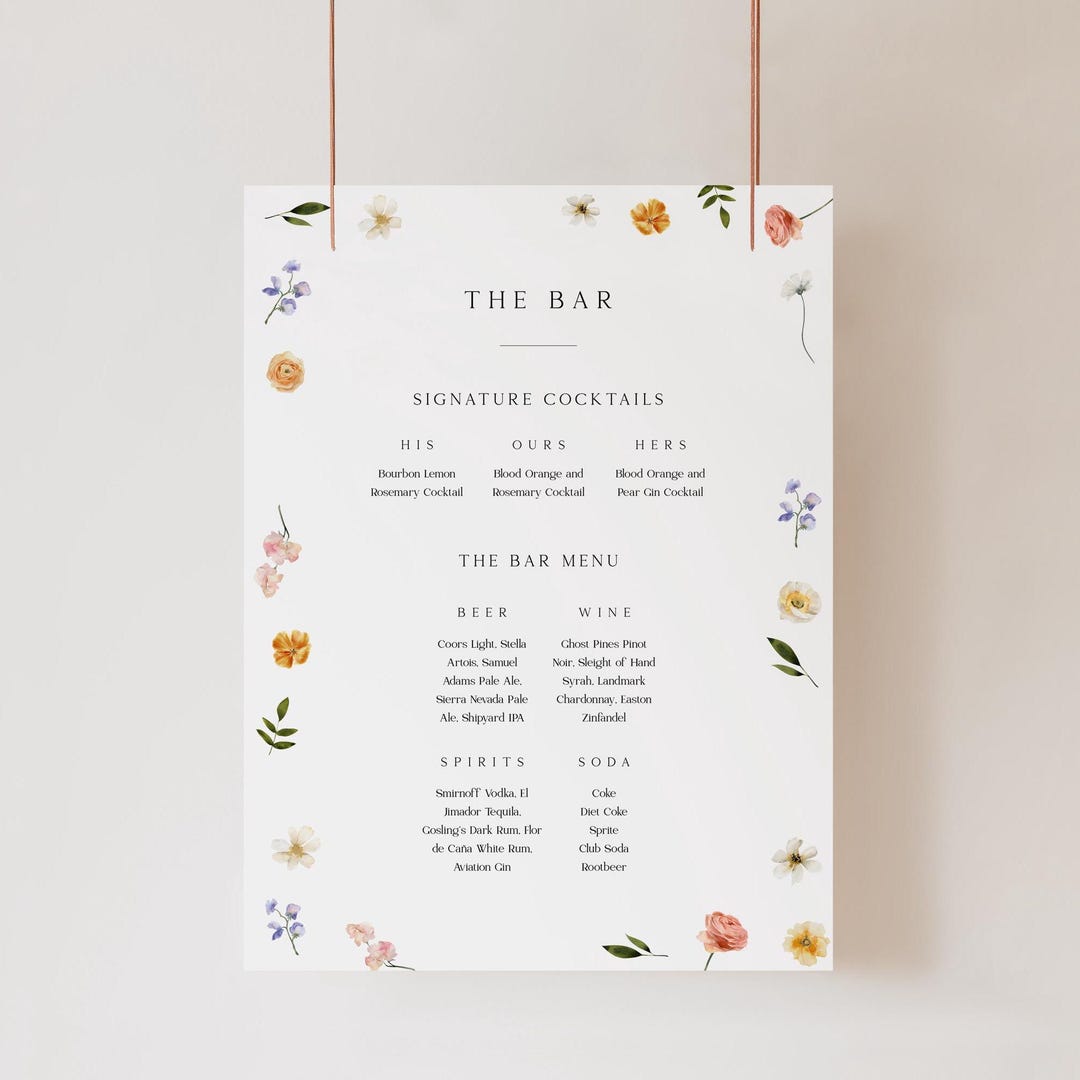 Printable Bar Sign Template With Wildflowers, Minimalist Elegant ...
