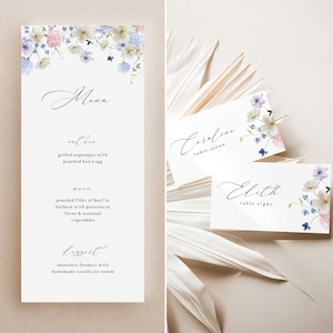 Floral Dinner Menu & Place Card Template Set With Flight Blue Flowers ...