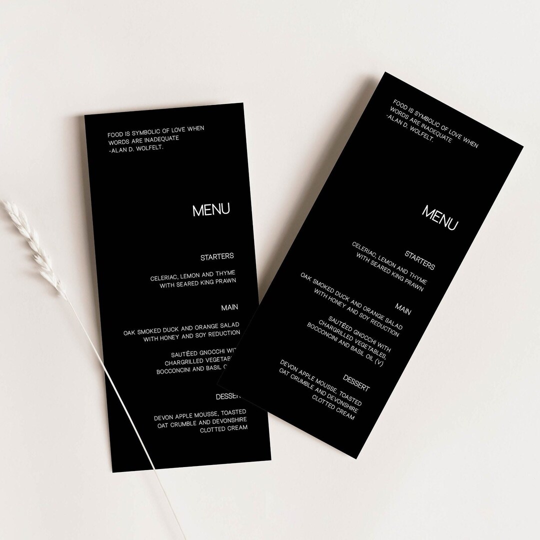 Black Wedding Menu Template, Printable Editable Minimalist Black Dinner ...