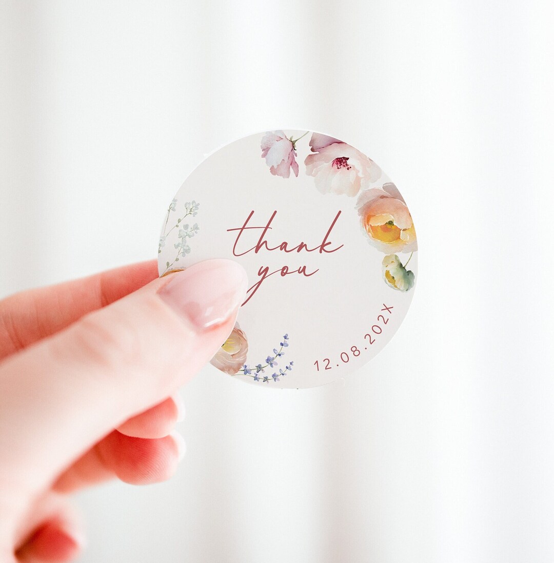Floral Thank You Sticker Template, Printable Customizable Round Thank ...