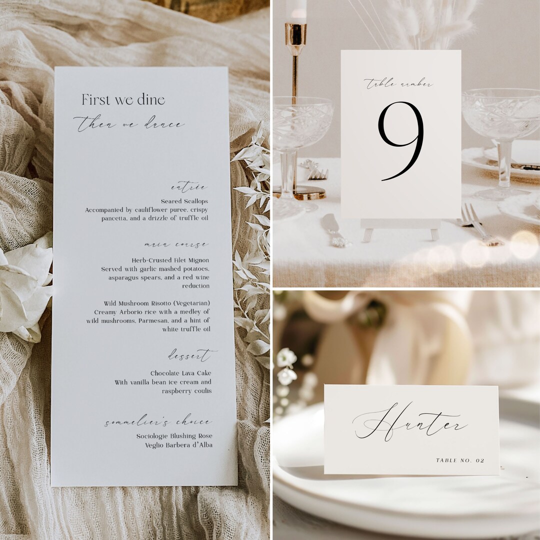 Elegant Wedding Menu, Place Card and Table Number Template Set With ...
