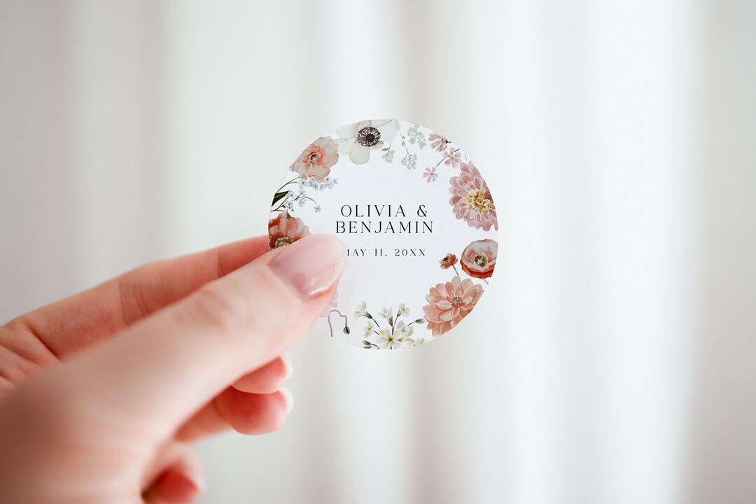 Floral Wedding Stickers Template Round Editable Wedding Favor - Etsy