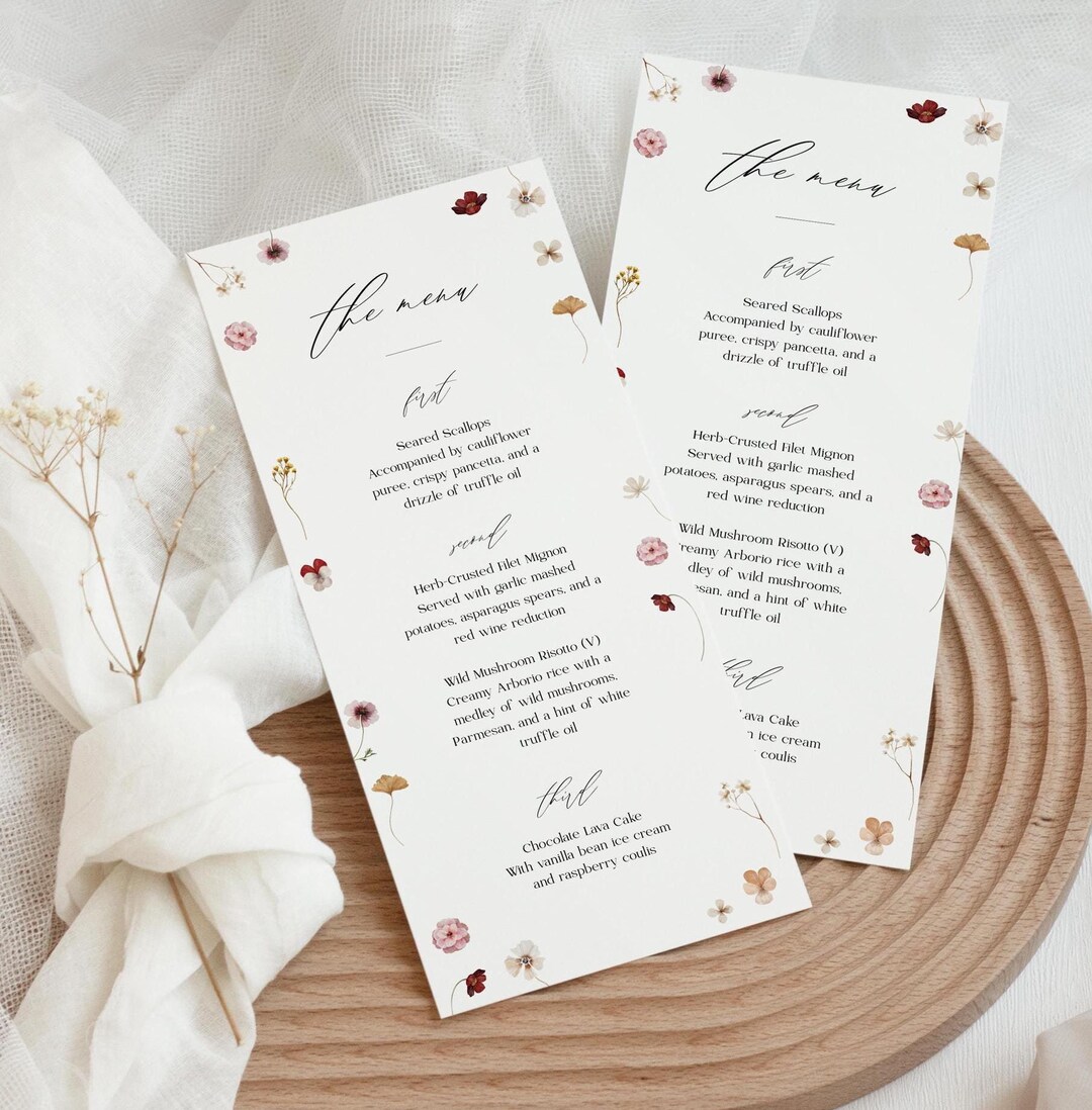 Printable Floral Menu Card With Calligraphy Font, Elegant Modern ...