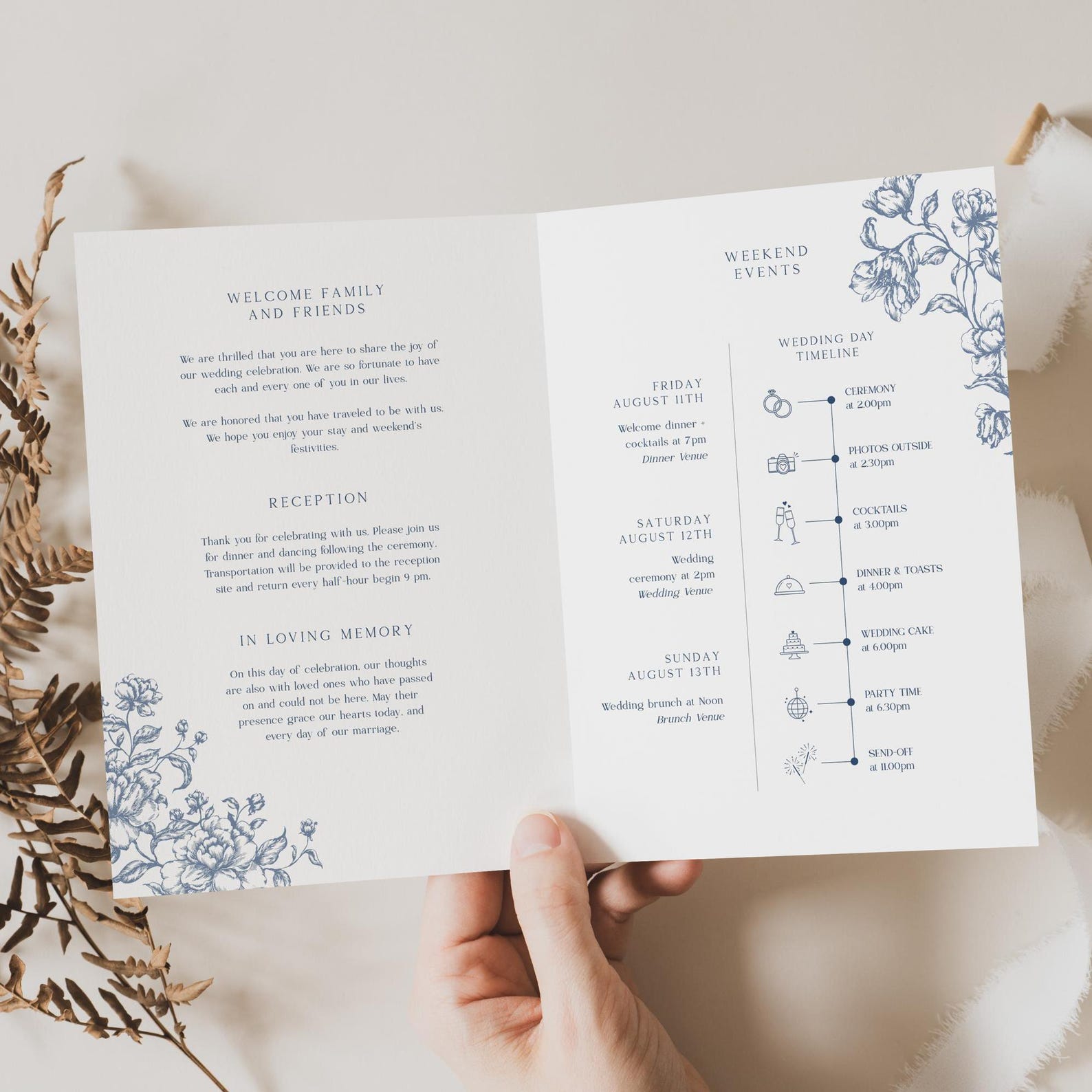 Printable Wedding Program Template, Modern Order of Service With Blue ...
