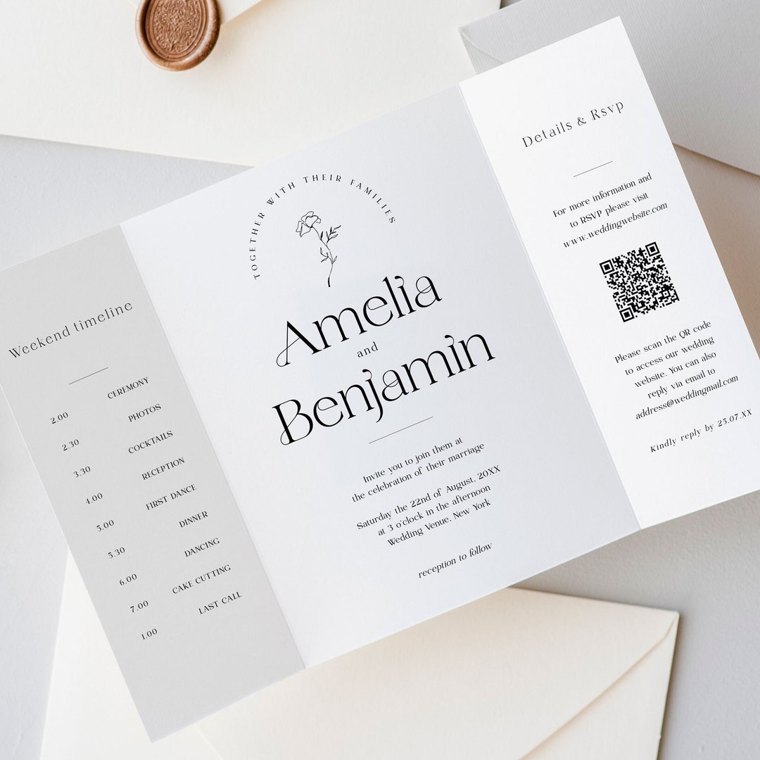 Gatefold Wedding Invitation Template in Black and White Modern Trifold ...