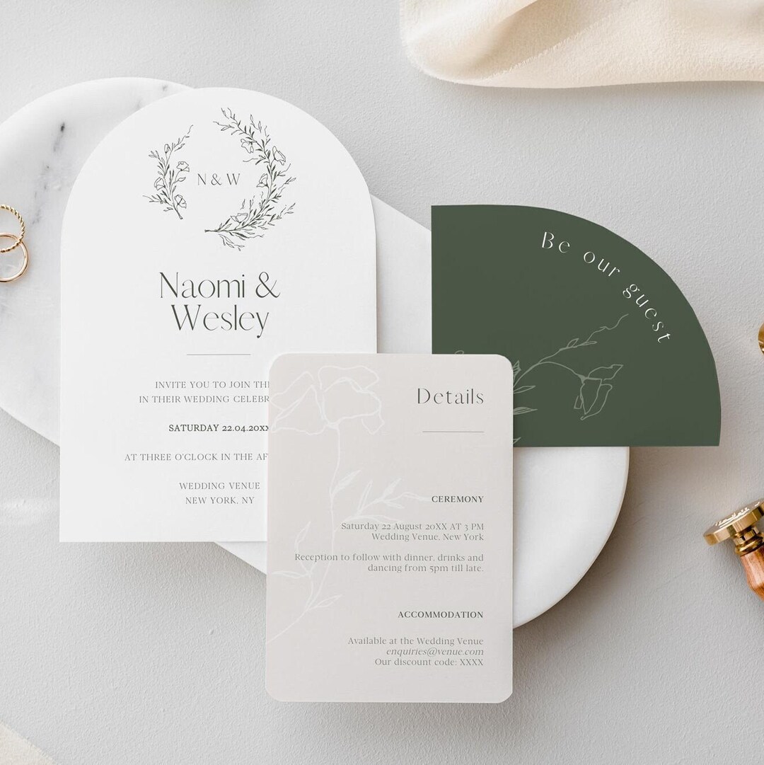 Arch Wedding Invitation Template Suite in Beige and Sage Green, DIY ...