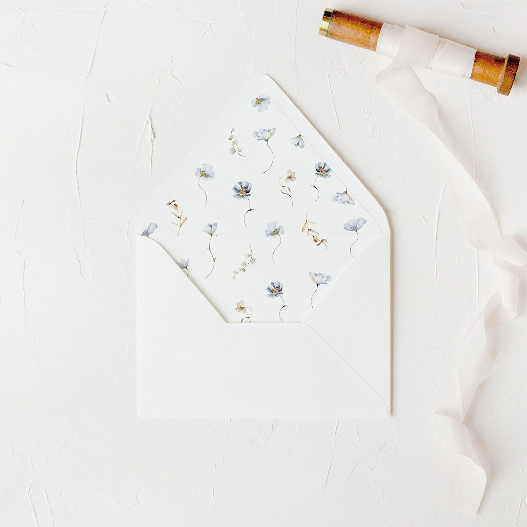 Printable Floral Envelope Liner Template, Blue Watercolor Wildflowers ...