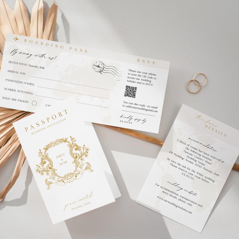 Passport Wedding Invitation Template Suite in Beige and Gold ...