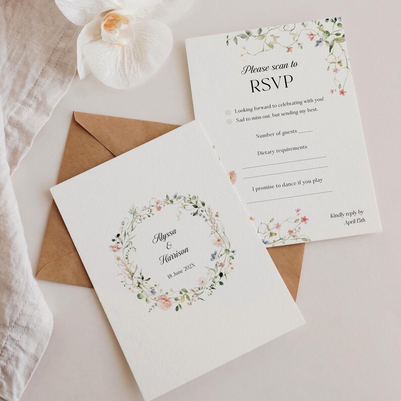 Printable Floral RSVP Template With QR Code and Script Font, Romantic ...