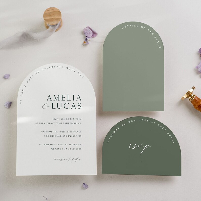 Printable Arch Wedding Invitation Template Suite in Sage Green, Moss ...