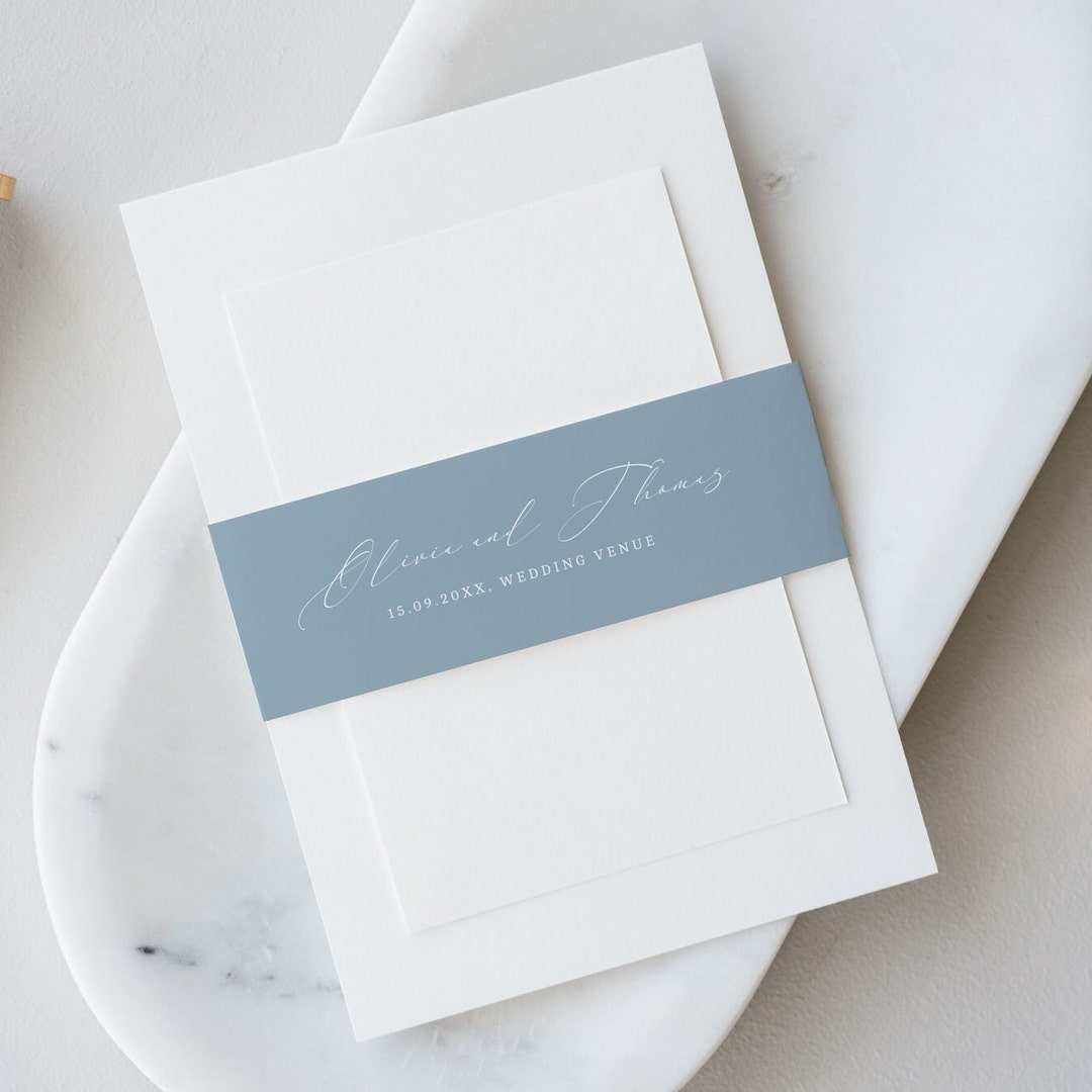 Belly Band Wedding Invitation Template, Dusty Blue DIY Invitation Wrap Modern Wedding Invite ...