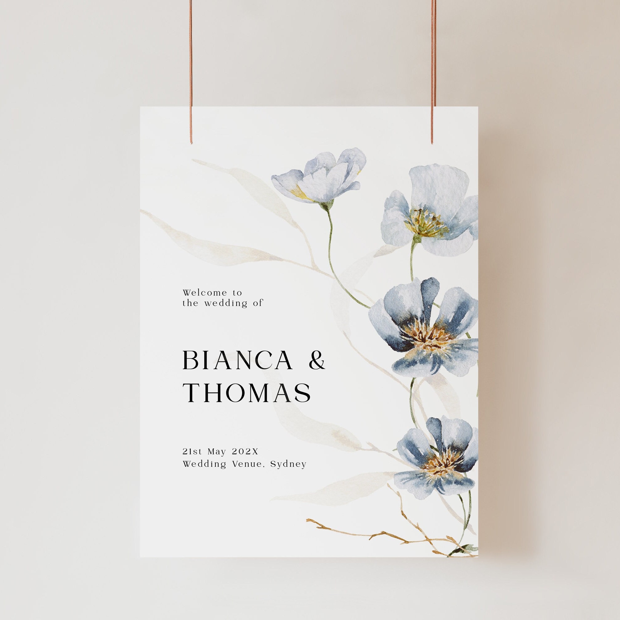 Floral Wedding Welcome Sign Template With Blue Flowers, Reception ...