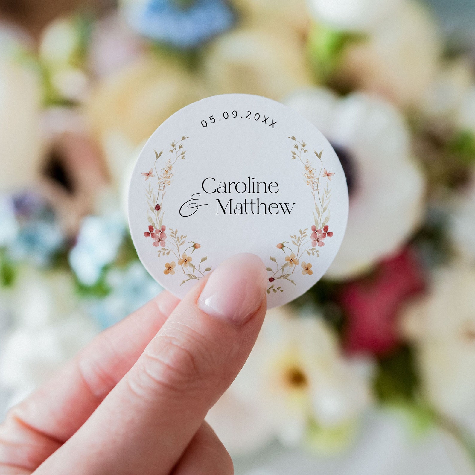 Floral Wedding Stickers Template, Round Editable Wedding Favor Label ...