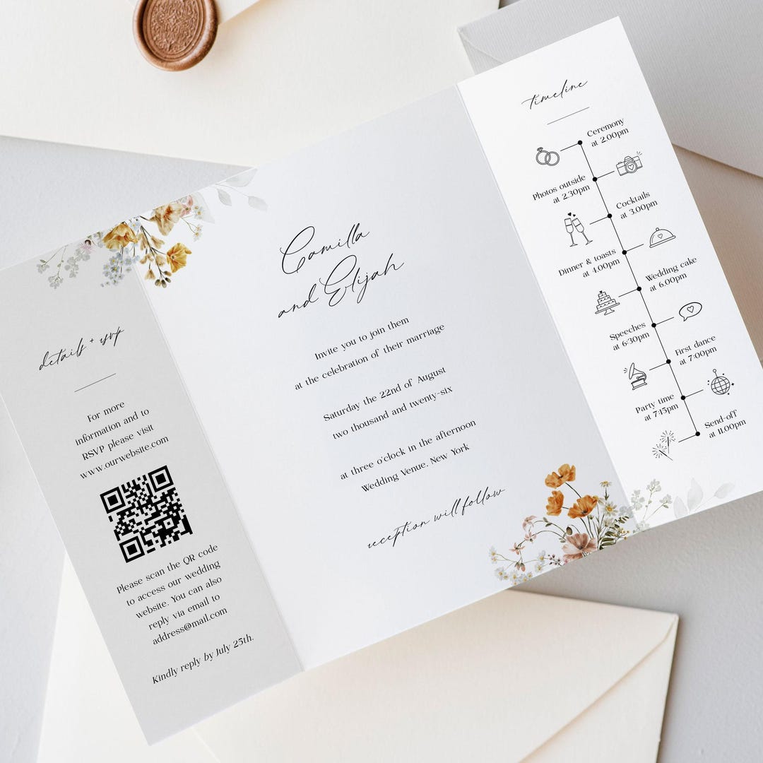 Printable Floral Gatefold Wedding Invitation Template With QR Code and ...