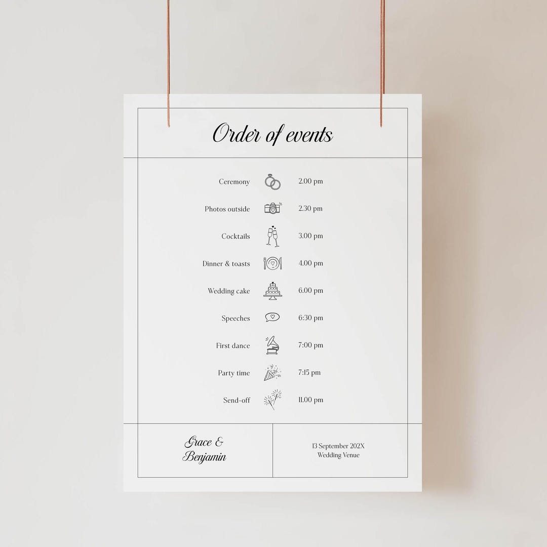Printable Wedding Timeline Sign Template With Icons, Elegant DIY Order ...
