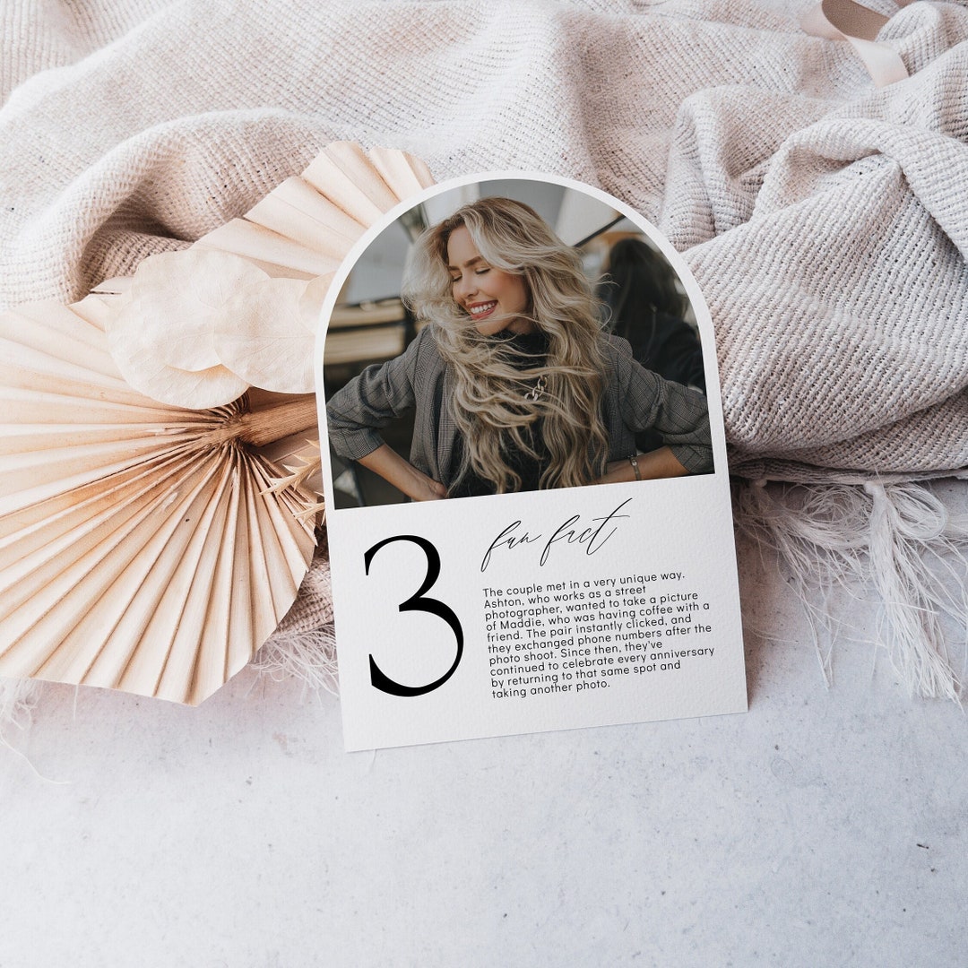 Boho Arch Table Number Template With Photo and Fun Facts, Love Story ...