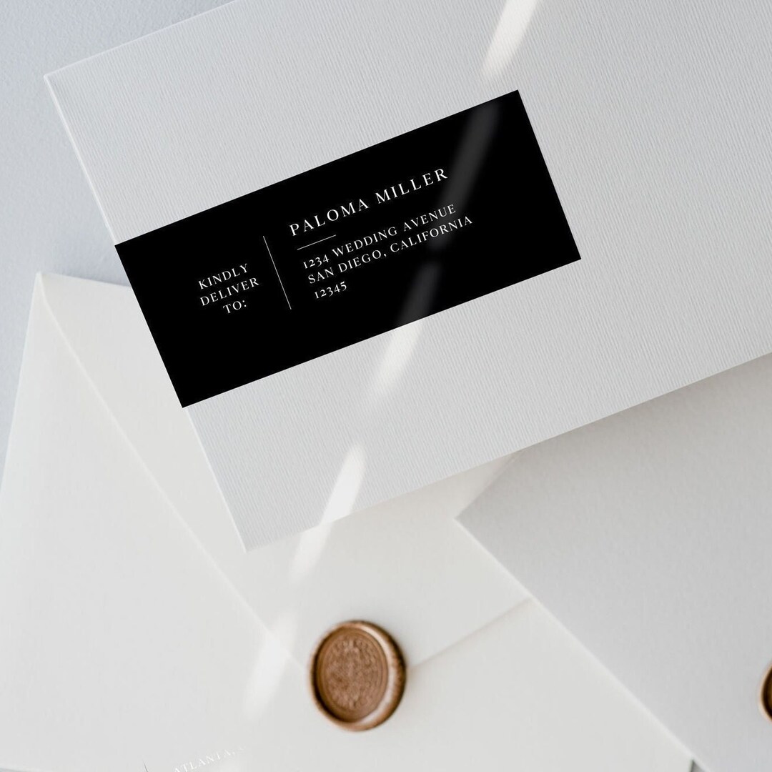Black Guest Address Label Template Minimalist Wrap Around Sticker for ...
