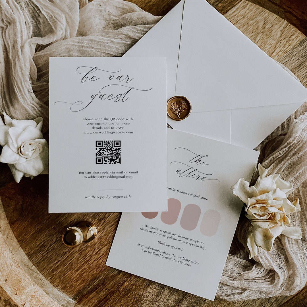 Printable RSVP + Wedding Attire Card Template With QR Code, Guest Dress ...