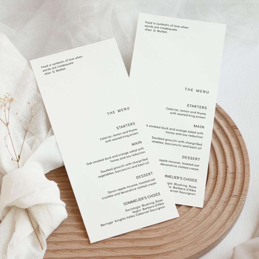 Printable Modern Wedding Menu Template, Minimalist Dinner Menu Template ...